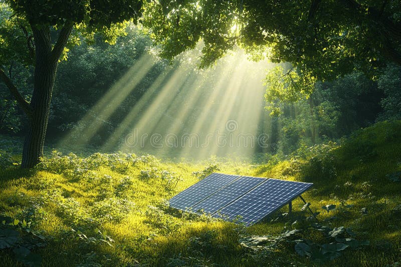 A Single Solar Panel Embedded in a Lush Green Landscape Stock ...