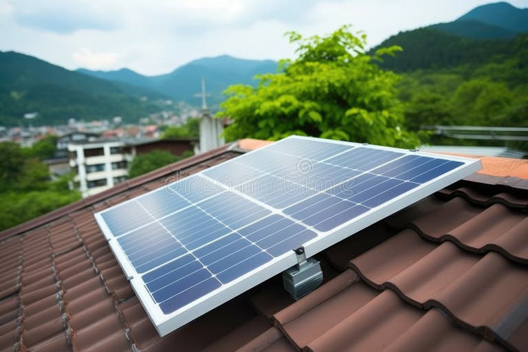 A Single Solar Panel on a House Rooftop Stock Image - Image of energy ...
