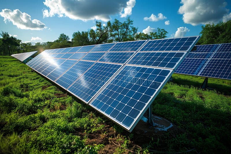 A Single Solar Panel Standing in the Middle of a Vast Field Stock Photo ...