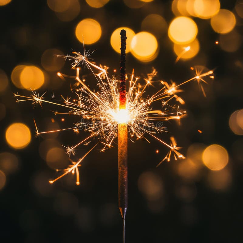 A Single Sparklers Burning with a Blurred Background of Golden Lights ...