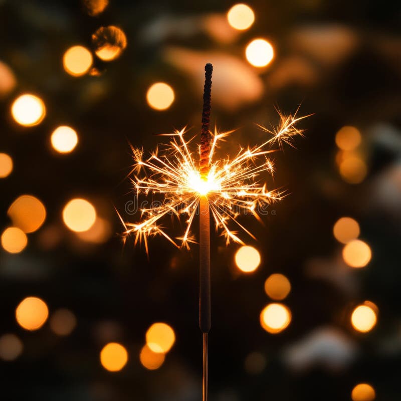 A Single Sparklers Burning Bright Against Bokeh Lights Stock ...