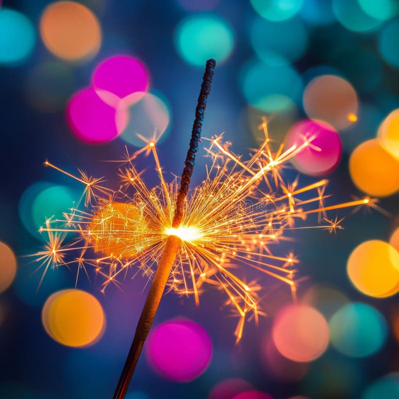 A Single Sparklers Burning with a Colorful Bokeh Background Stock ...