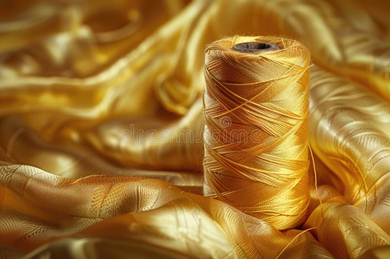 A Single Spool of Thread Sits Atop a Golden Cloth, Awaiting Use in a ...