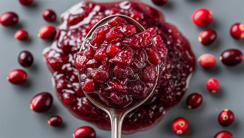 Single Spoonful of Cranberry Relish with Chopped Texture and Bright Red ...