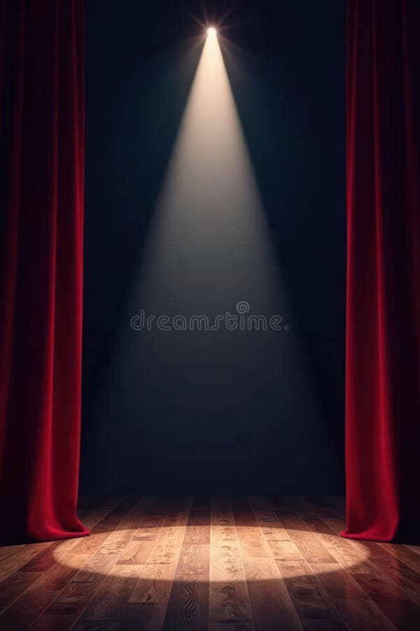 Single Spotlight Illuminates Center of a Dark Stage with Closed ...