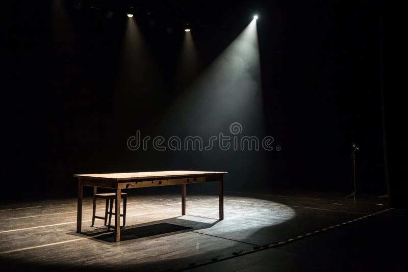 A Single Spotlight Illuminates an Empty Table on a Dark Stage Stock ...