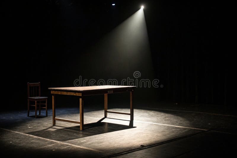A Single Spotlight Illuminates an Empty Table on a Dark Stage Stock ...
