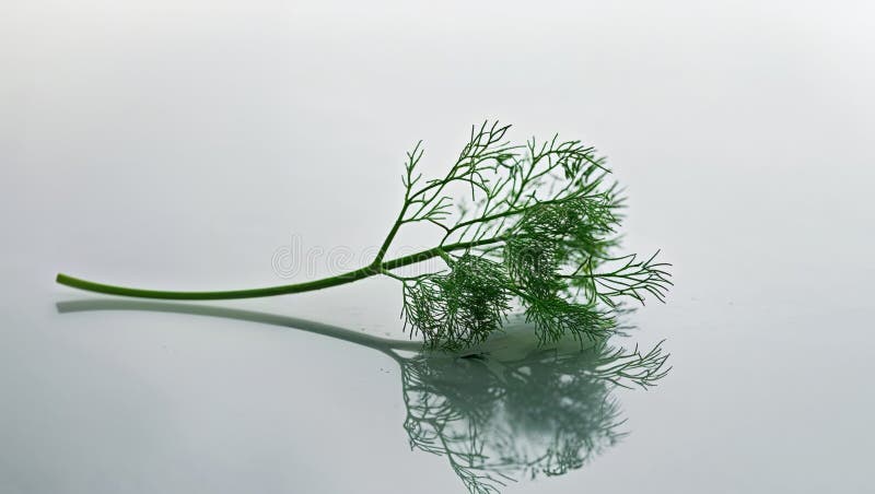 A Single Sprig of Dill Resting on a Reflective Surface Stock Photo ...