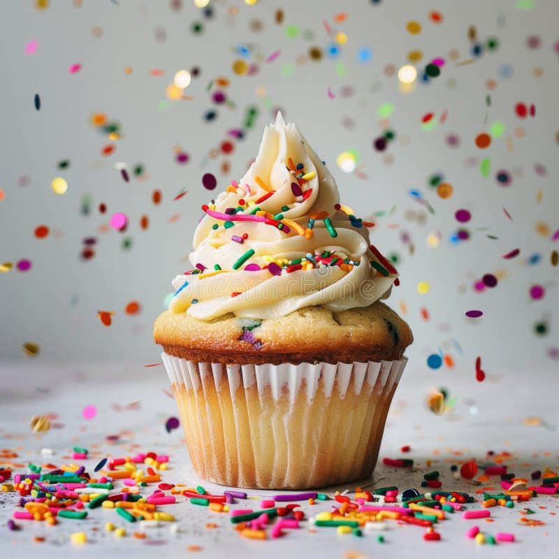 A Single Sprinkled Cupcake Surrounded by Falling Confetti Stock ...