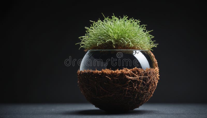 A Single Sprout Emerging from a Moss Covered Sphere Under a Dim Light ...