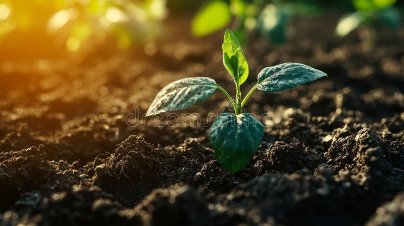 A Single Sprout Emerging from Rich Soil in Warm Sunlight Stock ...