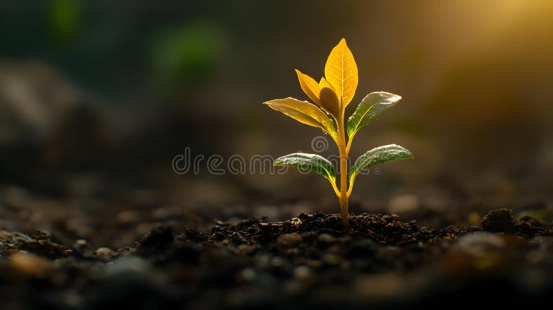 A Single Sprout Emerging from Soil, Illuminated by Warm Sunlight ...