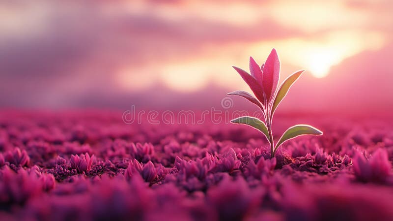 Single Sprout Emerging at Sunset in a Field of Pink Flowers Stock Photo ...