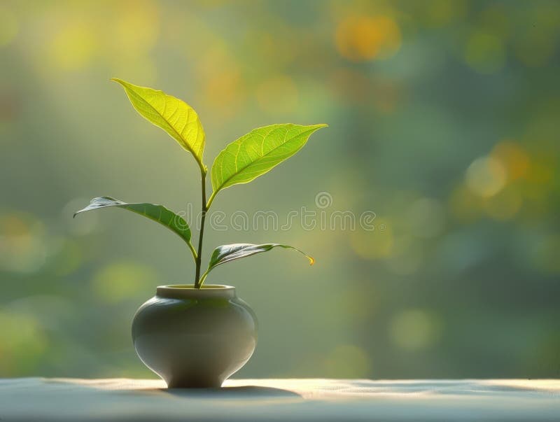A Single Sprouting Plant in a Small Vase with Sunlight Streaming in ...