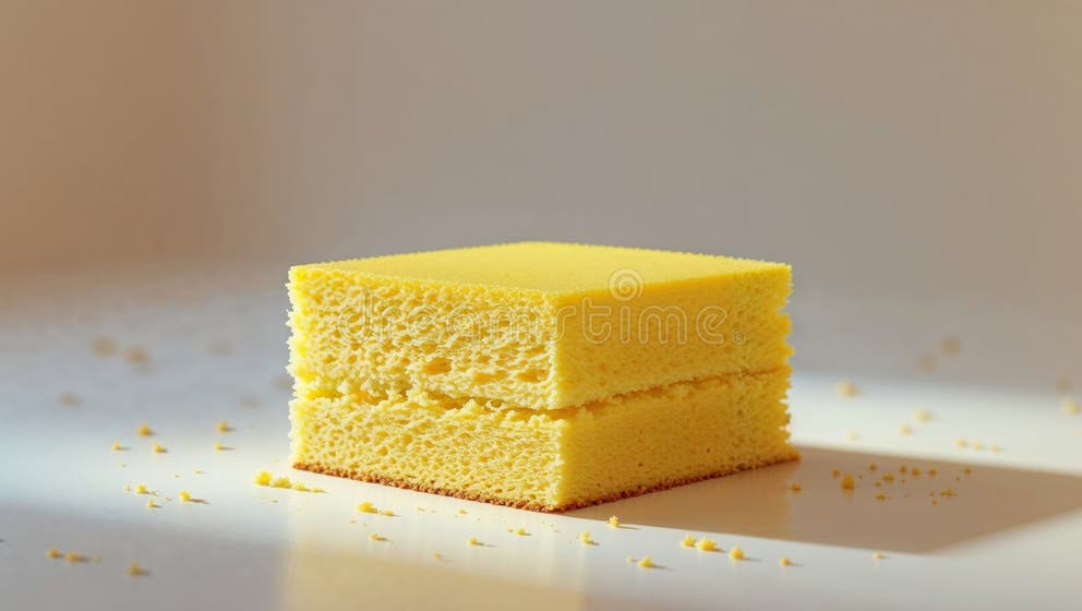A Single Square Slice of Yellow Sponge Cake on Display. Stock ...