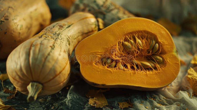 A Single Squash Sitting on a Table Covered in Leaves Stock Photo ...