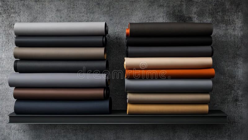 A Single Stack of Fabric Bolts Styled on a Sleek Metal Shelf for Stock ...