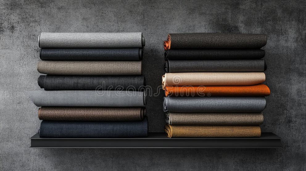 A Single Stack of Fabric Bolts Styled on a Sleek Metal Shelf for Stock ...