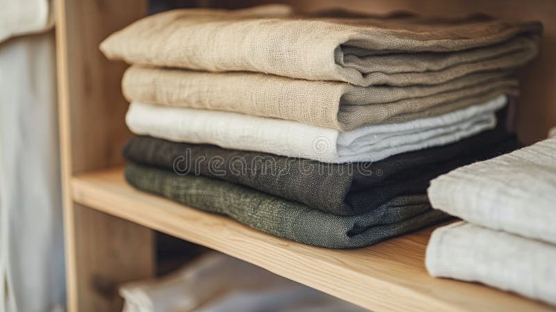 A Single Stack of Neatly Folded Rags Styled on a Light Wooden Shelf ...