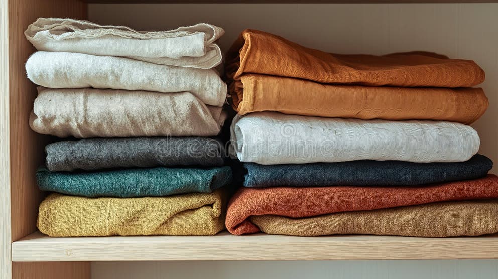 A Single Stack of Neatly Folded Rags Styled on a Light Wooden Shelf ...