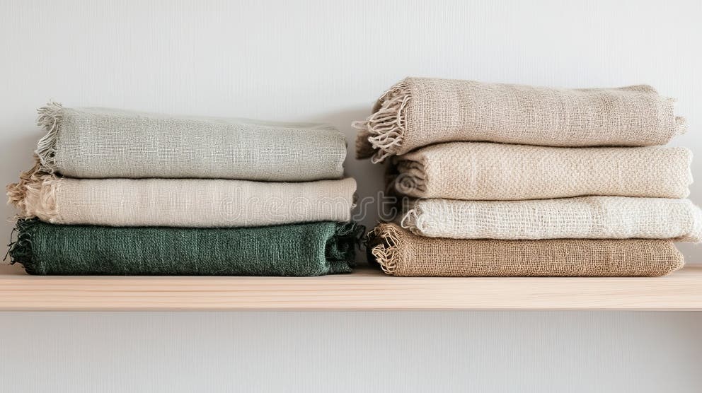 A Single Stack of Neatly Folded Rags Styled on a Light Wooden Shelf ...
