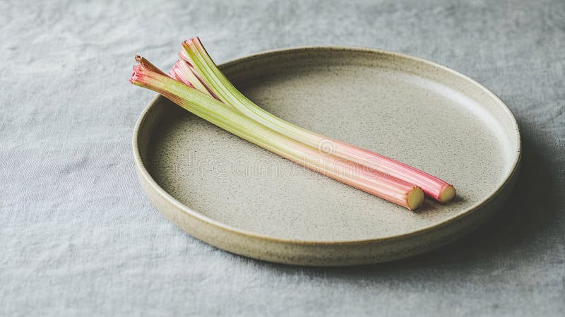 A Single Stalk of Rhubarb Placed Diagonally on a Smooth Ceramic Plate ...