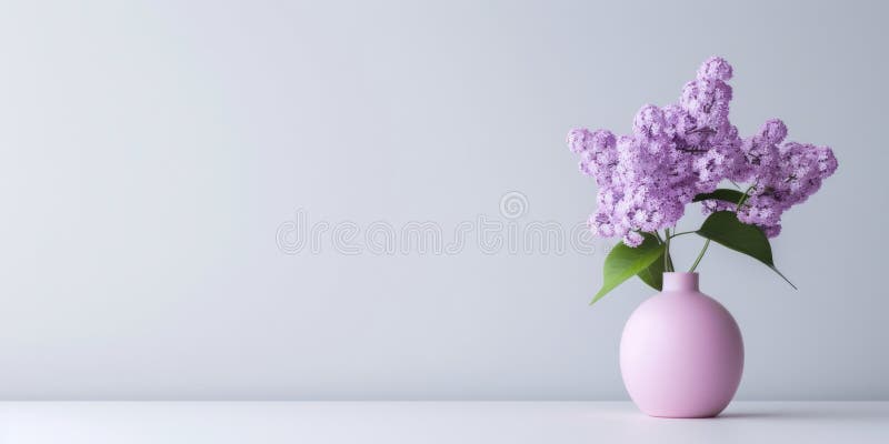 A Single Stem of Lilac Flowers in a Pink Vase on a White Table Stock ...
