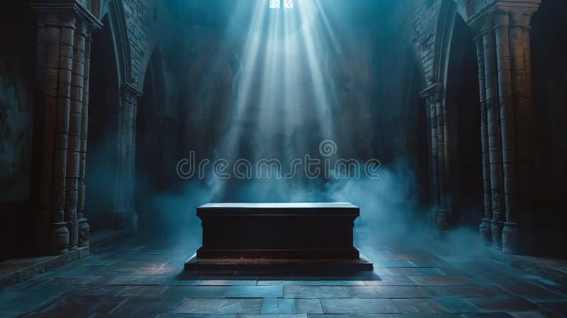 A Single Stone Coffin Sits in a Dimly Lit Cathedral with a Ray of Light ...