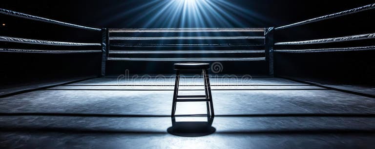 A Single Stool in the Center of a Boxing Ring Illuminated by a Spotlight - Black and White ...