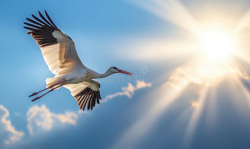 A Single Stork Flying Against a Blue Sky Stock Illustration ...