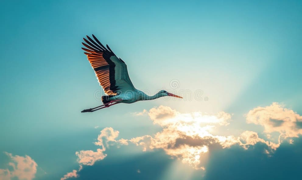 A Single Stork Flying Against a Blue Sky Stock Illustration ...