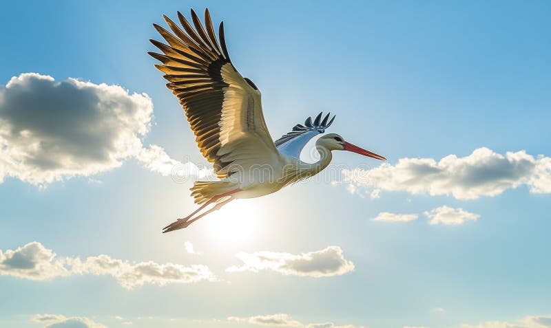 A Single Stork Flying Against a Blue Sky Stock Illustration ...