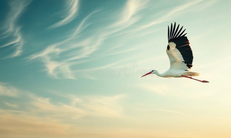 A Single Stork Flying Against a Blue Sky Stock Illustration ...