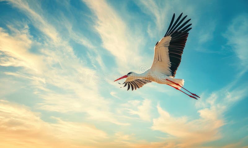 A Single Stork Flying Against a Blue Sky Stock Illustration ...