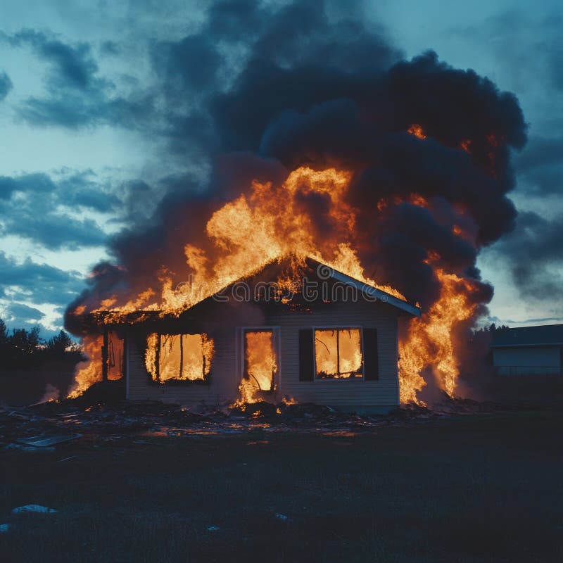A Single-story Home on Fire, Bright Flames Licking at the Sky Stock ...