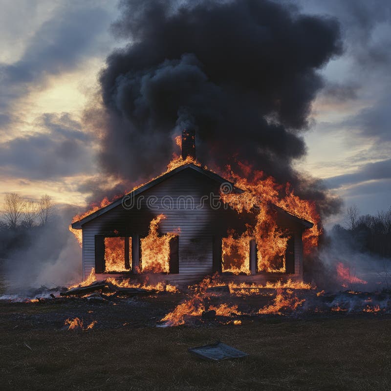 A Single-story Home on Fire, Bright Flames Licking at the Sky Stock ...