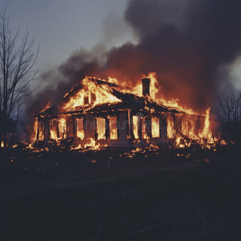 A Single-story Home on Fire, Bright Flames Licking at the Sky Stock ...
