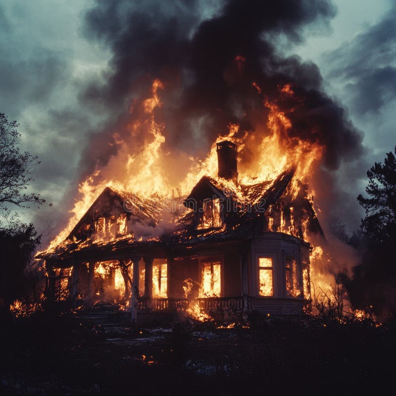 A Single-story Home on Fire, Bright Flames Licking at the Sky Stock ...