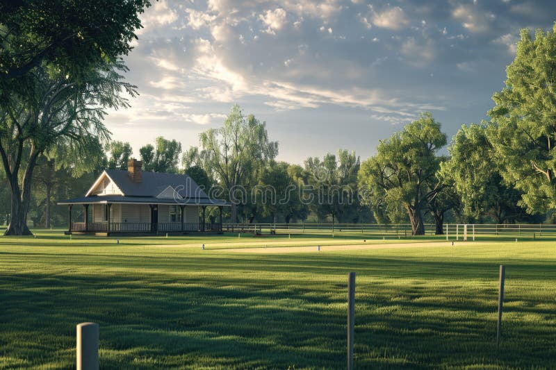 A Single Story House Surrounded by Open Fields and Backed by Tall Trees ...