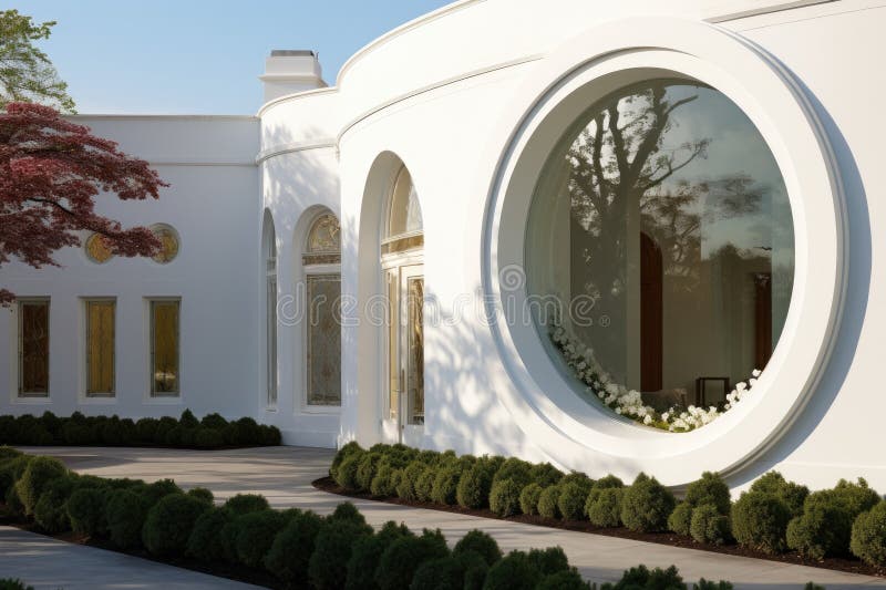 A Single-story, White House with a Large, Circular Window Stock ...