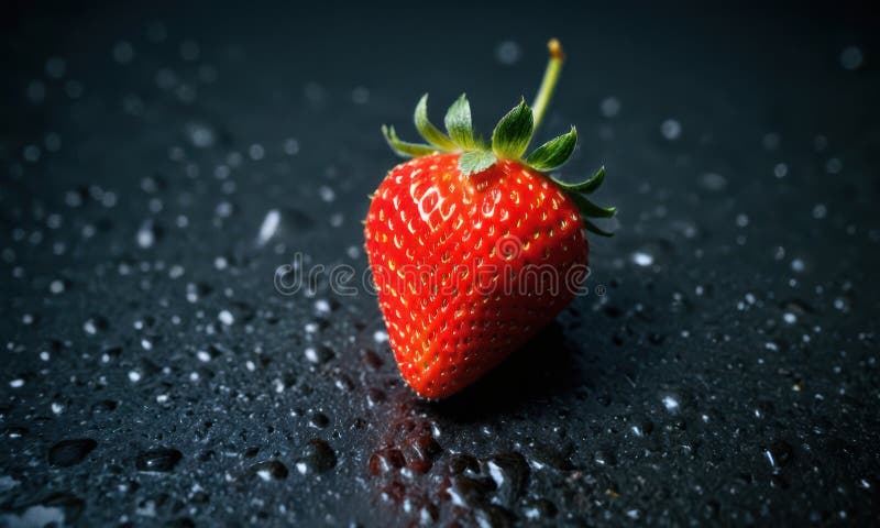 A Single Strawberry Sits Atop a Dark or Black Surface, Simple and ...
