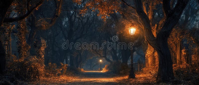 A Single Street Lamp Illuminates a Path through a Dark Forest at Night ...