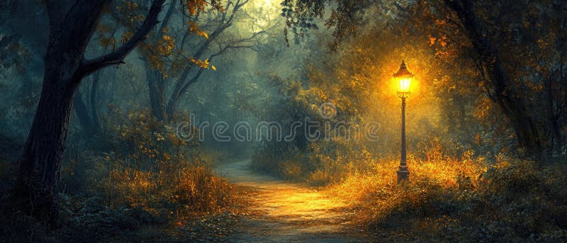 A Single Street Lamp Illuminates a Path through a Misty Forest. (1 ...