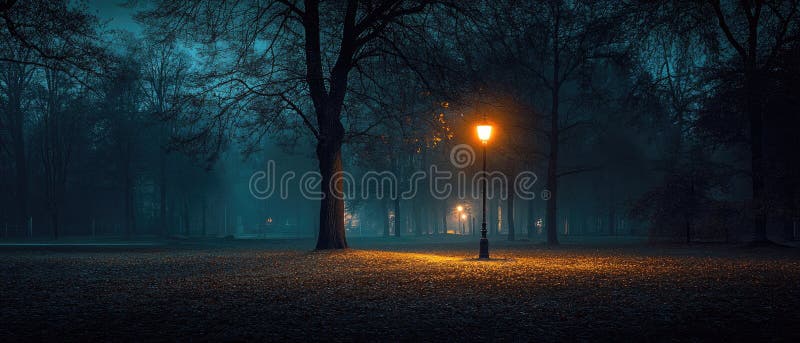 A Single Streetlight Illuminates a Misty Forest Path at Night Stock ...