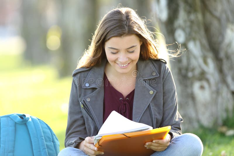 Single Student Girl Studying Reading Notes Stock Image - Image of ...