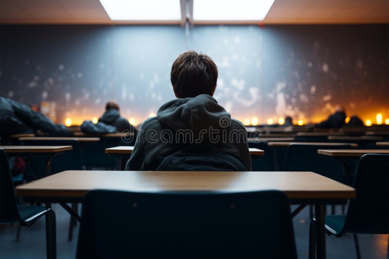 A Single Student Sits Alone, Viewed from the Classrooms Rear Stock ...