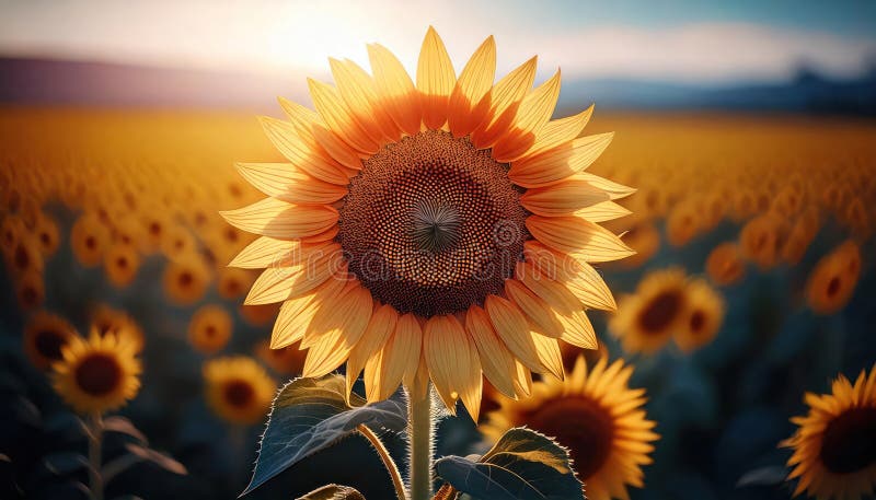 A Single Sunflower in a Field, Facing the Sun Stock Illustration ...