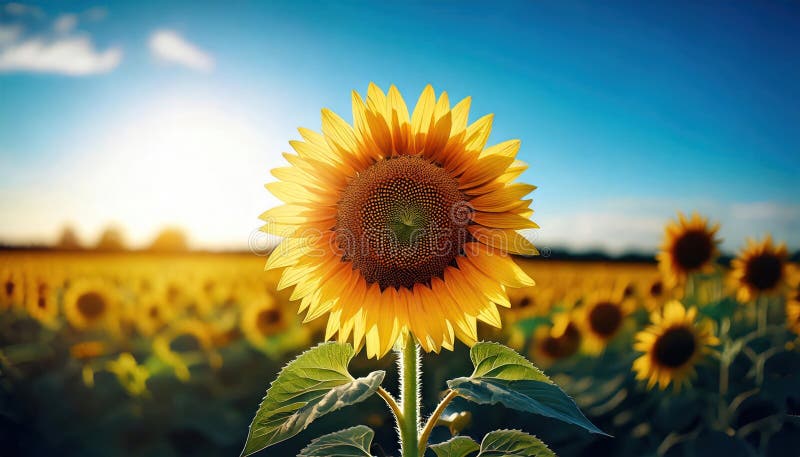 A Single Sunflower in a Field, Facing the Sun Stock Illustration ...