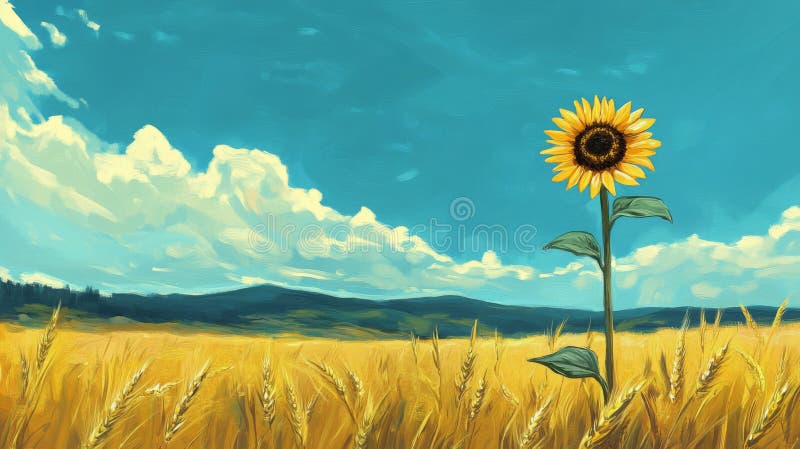 Single Sunflower in a Golden Wheat Field Under a Blue Sky Stock ...
