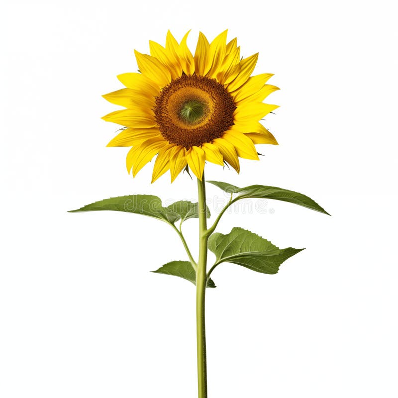 Single Sunflower with Green Leaves on a White Background Stock ...